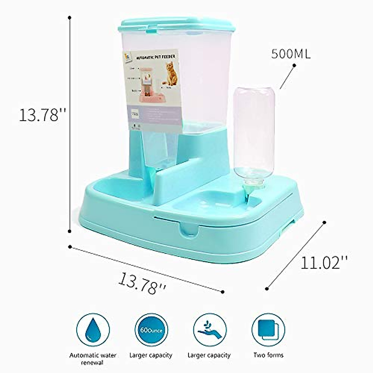 ASENVER 2-in-1 Pet Automatic Feeder Dog Food Water Dispensers with Large Capacity Food Container Gravity Water Bottle (Blue)