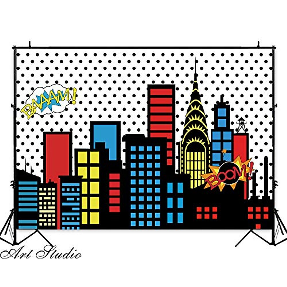 Art Studio 5x3ft Superhero Super City Photography Backdrops Skyline Buildings City Boom Photo Background Children Birthday Party Banner Photo Studio Booth Cake Table Decor Vinyl