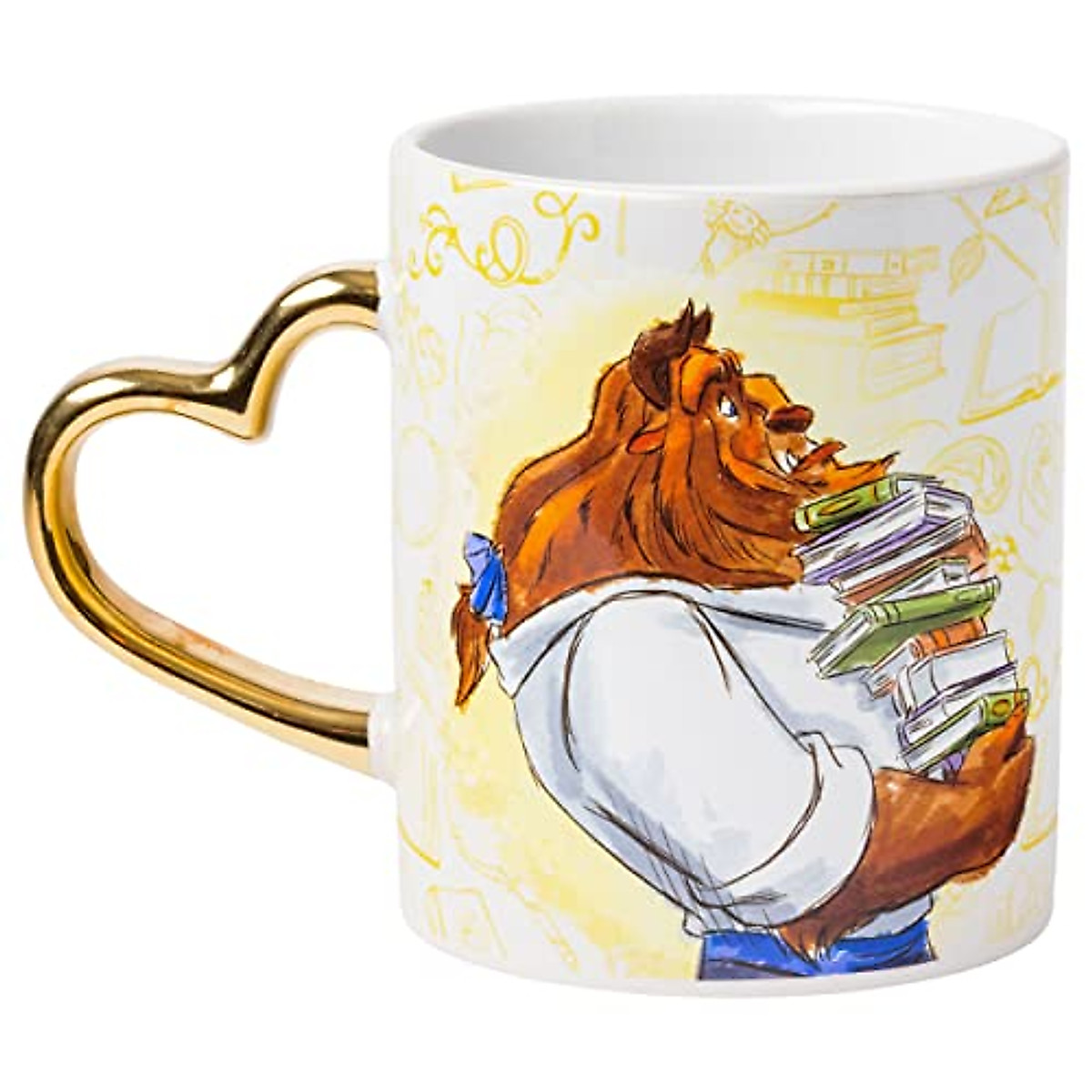 Silver Buffalo Disney Princess Beauty and the Beast Don't Mind the Books Gold Heart Shaped Handle 2 Pack Ceramic Mug Set, 14 Ounces