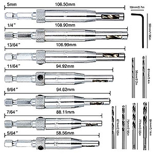 21 pcs Center Drill Bit Set, AFUNTA Self Centering Hinge Tapper Core Hole Puncher 5/64'' 7/64'' 9/64'' 11/64'' 13/64'' 5mm 1/4'' & 1 Pcs Hex Key & 10 Pcs Replacement Drill Bits