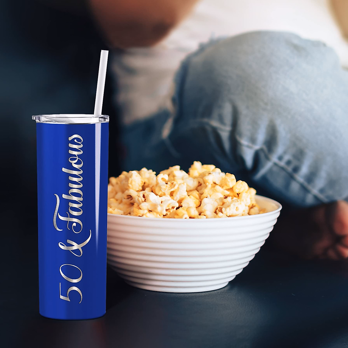 50 & Fabulous 22 oz Skinny Tumbler 50th Birthday Gifts For Women on Blue Decorations Funny Present Vacuum Insulated Cup