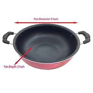 SRIYUG Aluminium Non Stick Coating Kadai Round Bottom Deep Fry Pan with Stainless Steel Lid Deep Fry Kadhai Non Stick Karhai Free Scrubber And Wooden Spatula. (2 Ltr)