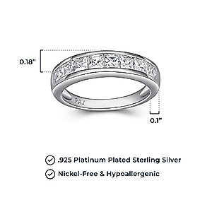 MORGAN & PAIGE Wedding Anniversary Ring - Classic Channel-Set Princess Cut Cubic Zirconia - Size 6-925 Platinum Plated Sterling Silver Anniversary Bands For Women