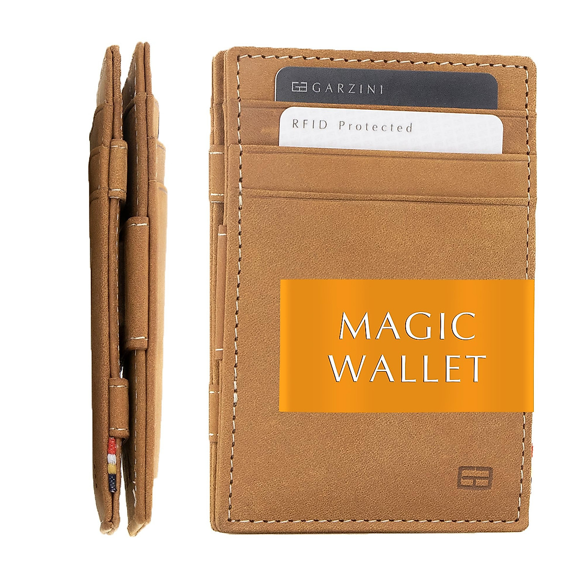 GARZINI Magic Wallet For Men, Minimalist Wallet with RFID card holder, Leather Wallet for 10 cards, Camel Brown