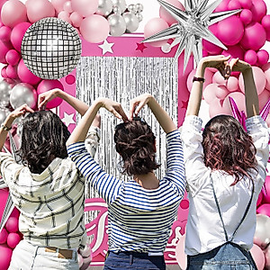 Hot Pink Silver Balloon Arch Kit, Silver Disco Ball Foil Curtains and Explosion Star Foil Balloon for Girl's 15/16/30th Birthday Princess 2024 Graduation Decorations