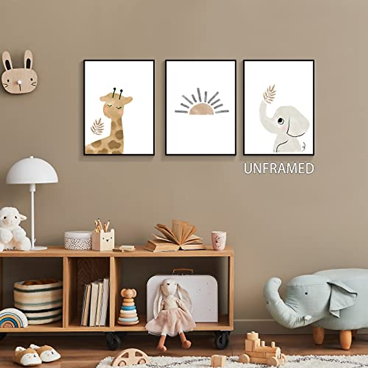Cute Woodland Animals Giraffe Canvas Wall Art Set of 3 12x16in, Colorful Minimalist Baby Nursery Sun Room Aesthetic Posters, Neutral Elephant Print Painting Decor for Girl Boy Kids Bedroom Unframed