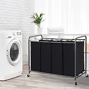 STORAGE MANIAC Laundry Sorter 4 Section, Hamper with Wheels and Removable Bags, Black
