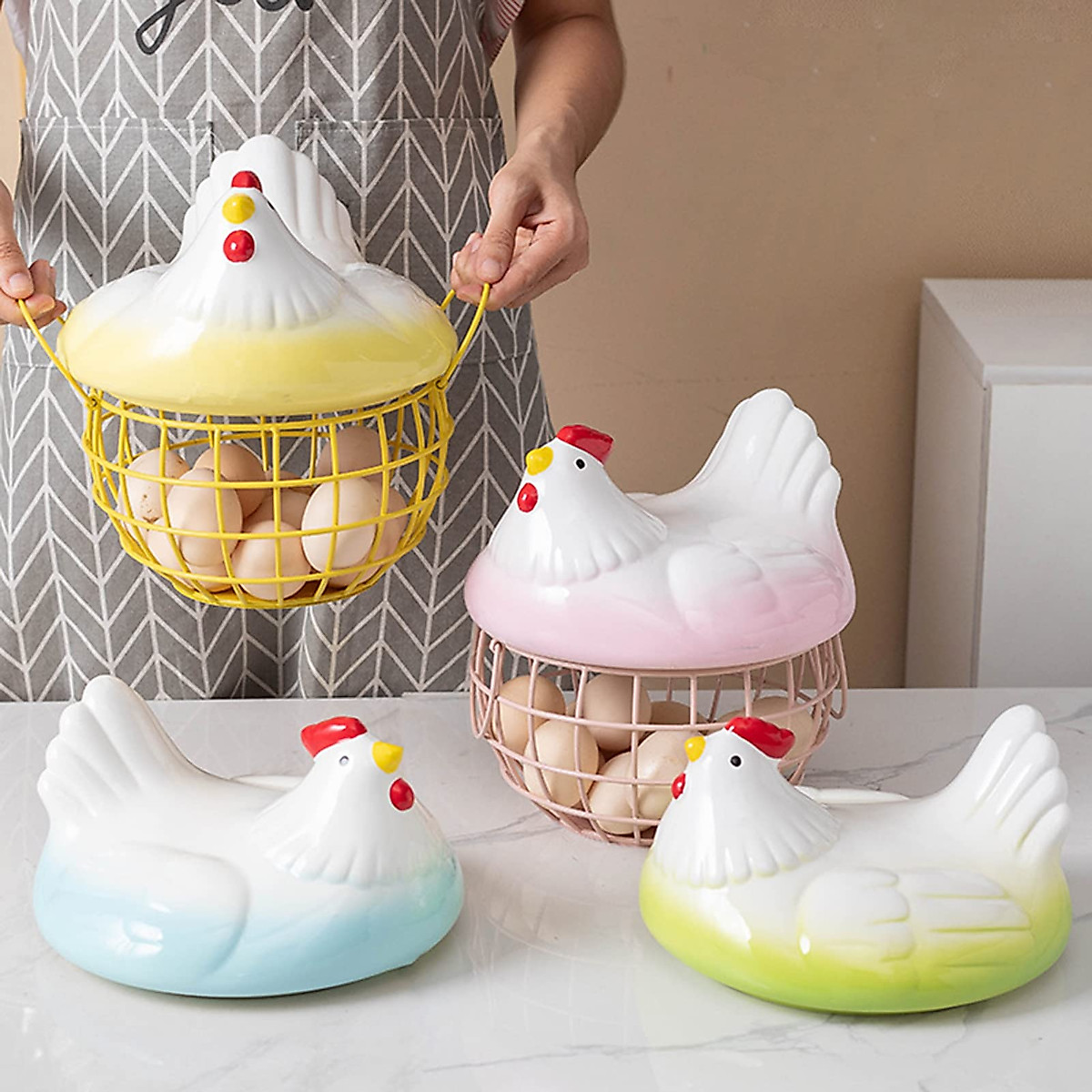 Egg Basket Chicken Decor Mesh Wire Egg Storage Basket with Ceramic Chicken Lid, Farmhouse Egg Holder for Refrigerator Egg Baskets for Fresh Eggs Pink