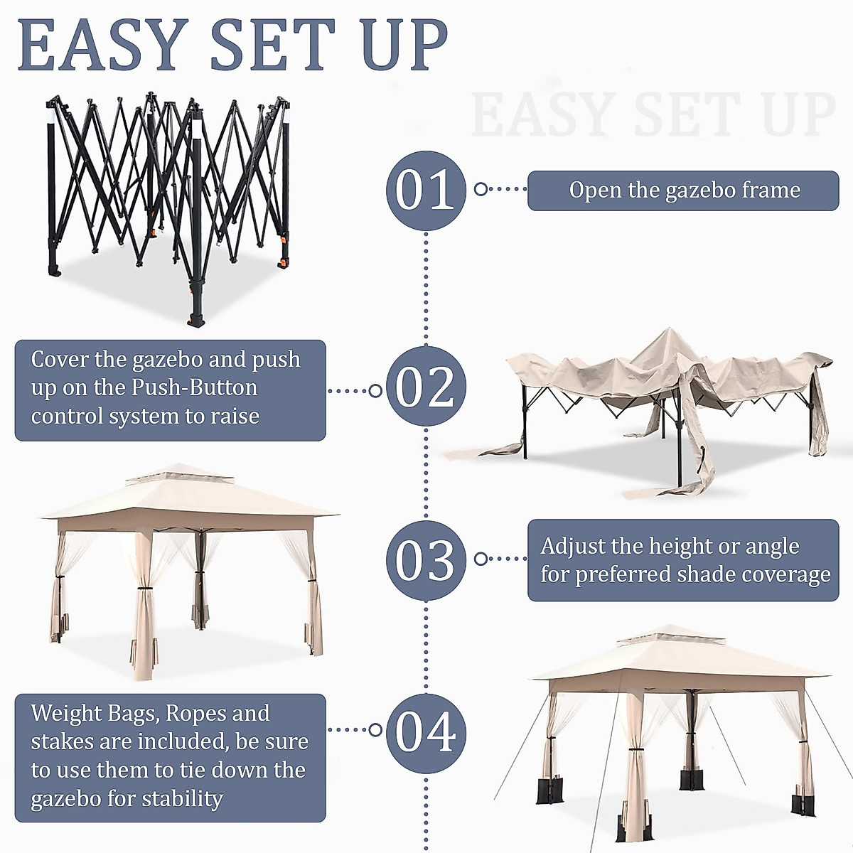 yoyomax 13X13 Outdoor Pop Up Gazebo with Netting, Portable Gazebo Waterproof Patio Canopy Shelter with Double Roof Tops and 169 Square Feet of Shade for Beach Parties, Camping and Picnics - Khaki