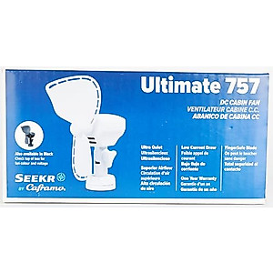 SEEKR Ultimate™ Fan from by Caframo. Grill-free, whisper-quiet 12V fan with shock-absorbing FingerSafe™ blades, 2-speeds, direct wire connection. Made in Canada. White.