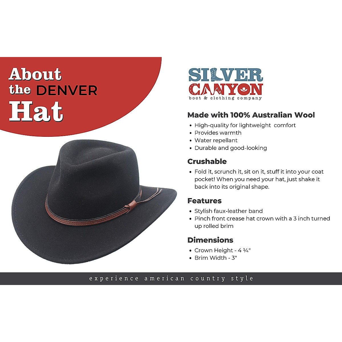 Mens+Outback+Wool+Cowboy+Hat+Bozeman+Black+Crushable+Western+by+Silver+Canyon