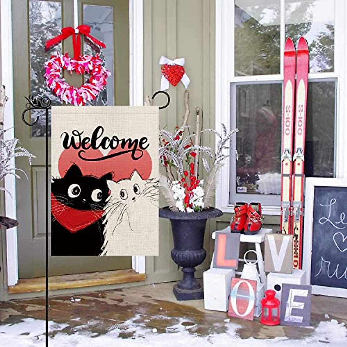 Valentines Day Garden Flag Cat Welcome Valentines Garden Flag Love Heart Home Burlap Double Sided Yard Decor 12.5x18 Inch