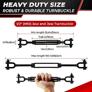 [Premium] 2 Pack 1/2”x13.4” Heavy Duty Jaw and Jaw Turnbuckle, 2200 lbs Working Load Limit, Weather Resistant, Durable Black Turnbuckle for Wire Rope Tension, Shade Sail Hardware, Sun Shade Tent
