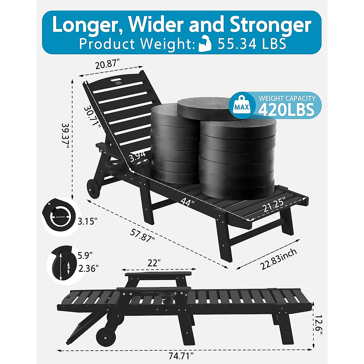 Serique Chaise Lounge Chair Outdoor with Wheels, Oversize Patio Lounge Chair with Wood Texture, 5-Position Plastic Lounge Chair for Poolside, Patio, Deck, Beach(Black)