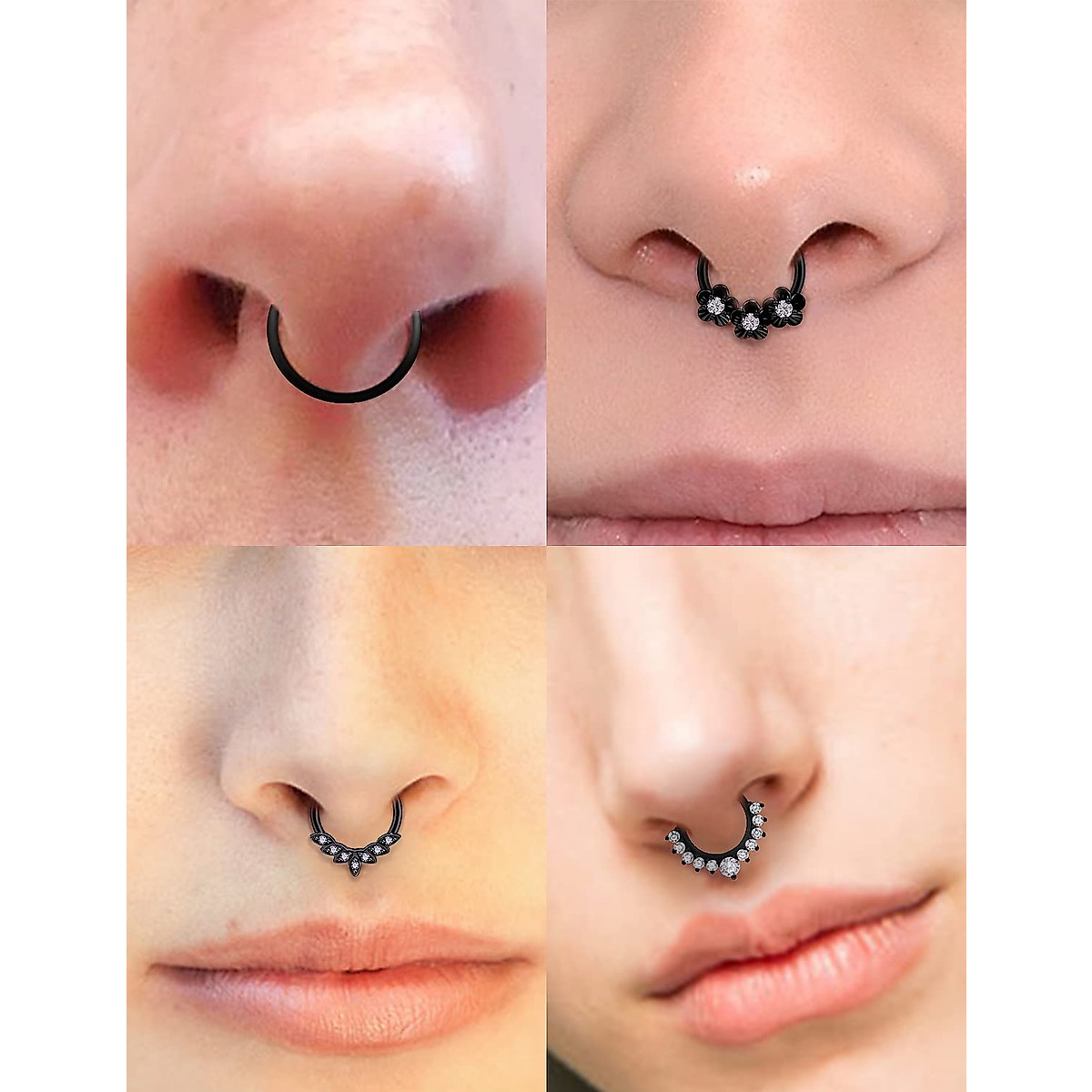 Vsnnsns 16G Septum Jewelry Septum Ring Piercing Jewelry Opal Septum Clicker Ring and Horseshoe Barbell Stainless Steel Ring Septum Nose Rings Hoop for Men Women Black 10mm 9pcs
