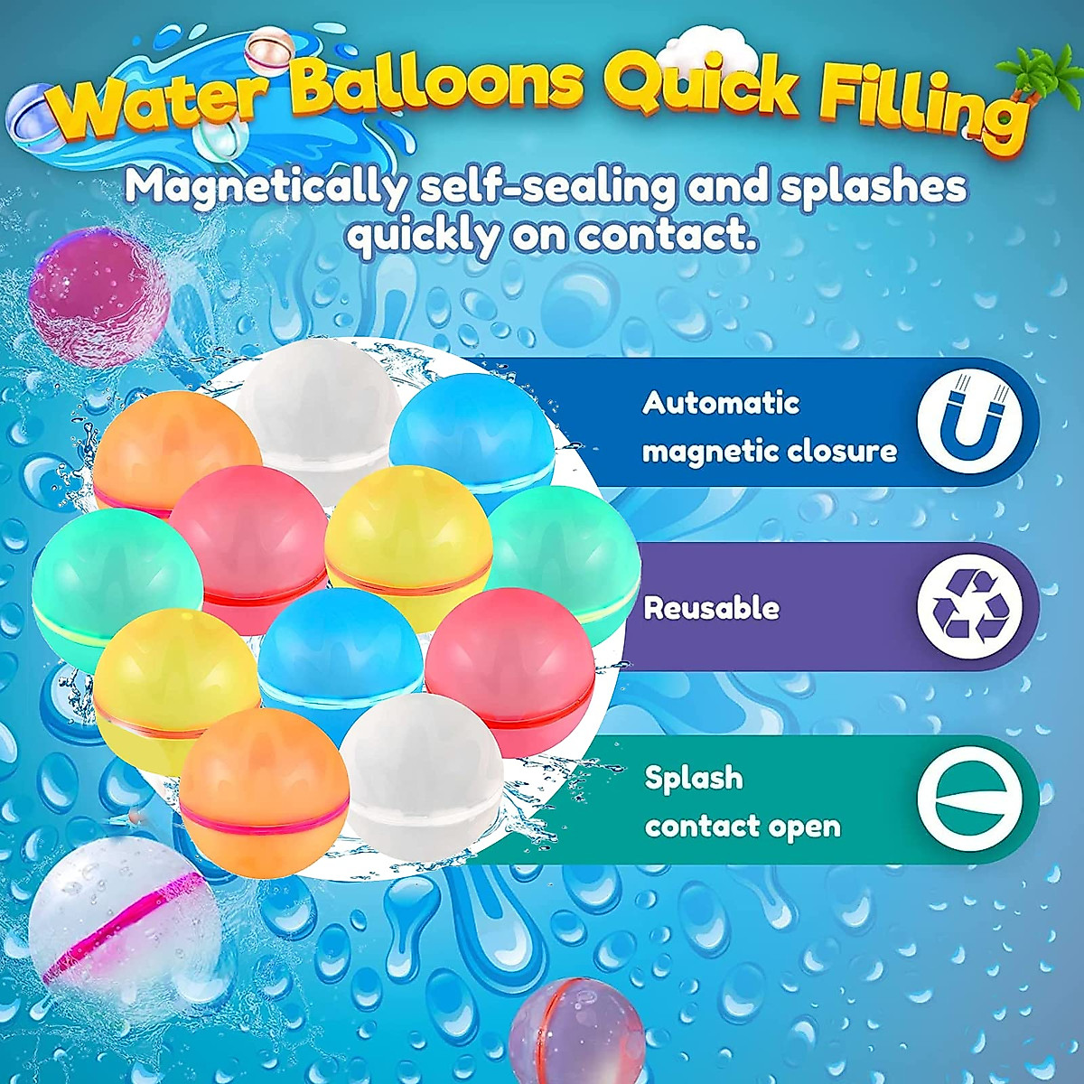 Reusable Water Balloons, Self-Sealing Refillable Water Balloons, Soft Silicone Magnetic Water Balloons, Reusable Water Bomb for Water Fight Game, Water Park, Summer Party (Multicolor - 30PC)