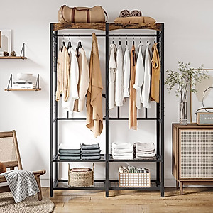 Bestier Metal Freestanding Wardrobe Storage Unit with Wooden Top Shelf & Built In Color Changing Lights w/7 Colors and 20 Dynamic Modes, Rustic Brown