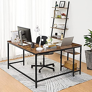 HOOBRO L-Shaped Computer Desk, Industrial Corner Writing Desk with Adjustable Shelves, Study Workstation for Home Office, Easy Assembly, Stable and Space-Saving, Rustic Brown and Black BF35DN01