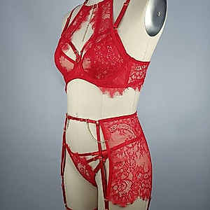 Scyoekwg my order placed by me Women Underwire 3 Piece Sexy Lingerie Collared Stretch Bustier Garter Skirt Chain Strappy Lace Bra Panty Set