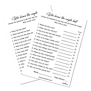RokAPary Modern Minimalist Who Knows The Couple Best, Wedding, Bridal Shower, Bachelorette or Engagement Party Game, Couples Guessing Play Pack of 50 Cards 5”x7” Made in USA