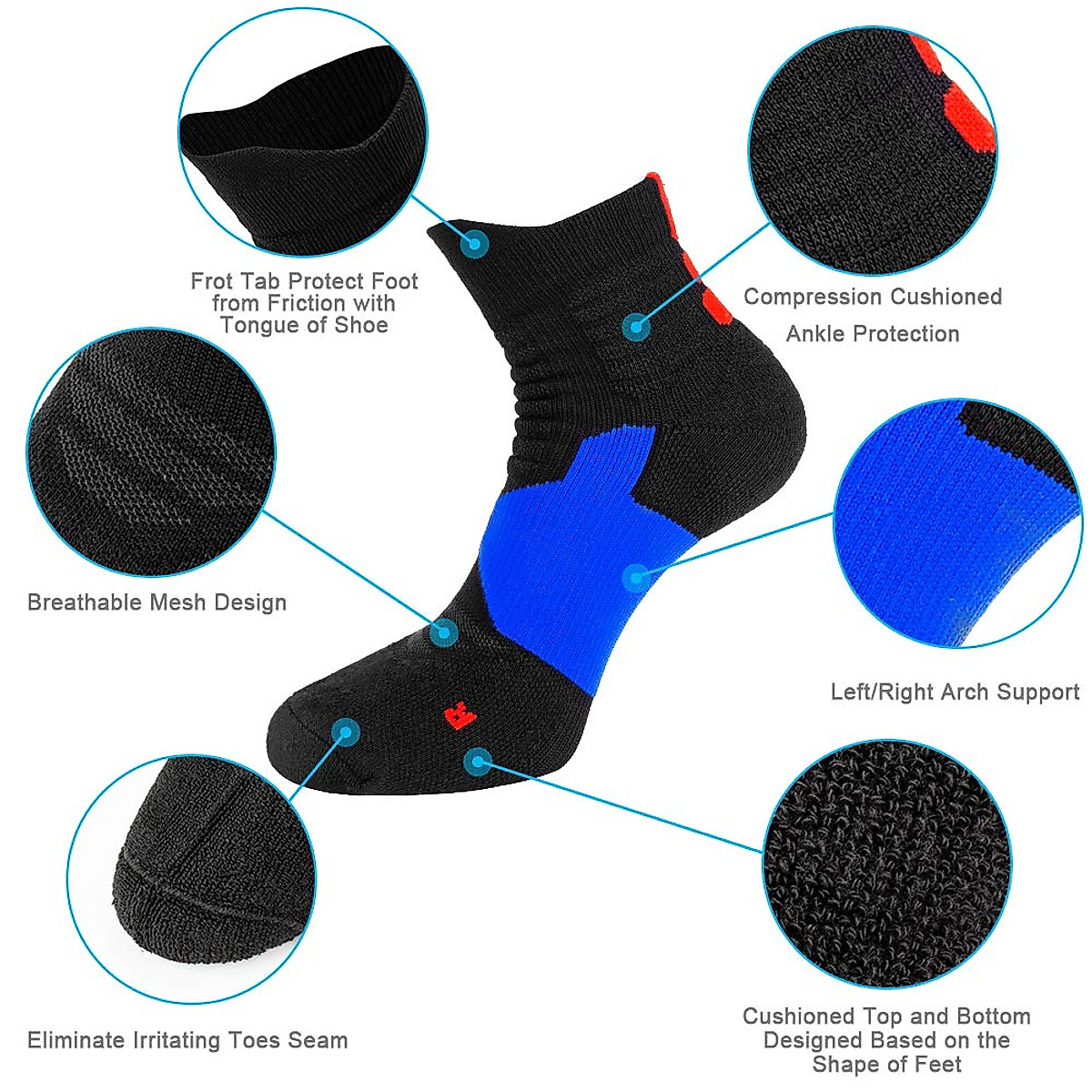 Toes&Feet Men's 2-Pack Black Anti Odor Blister Proof Ankle Compression Basketball Socks