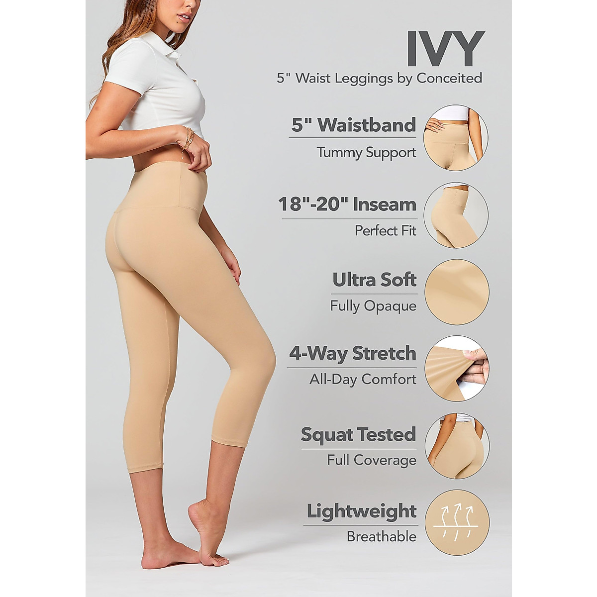 Conceited Capri Leggings for Women - Soft - High Waist Tummy Control - Essential - Regular and Plus Size - Nude Beige - Small - Medium