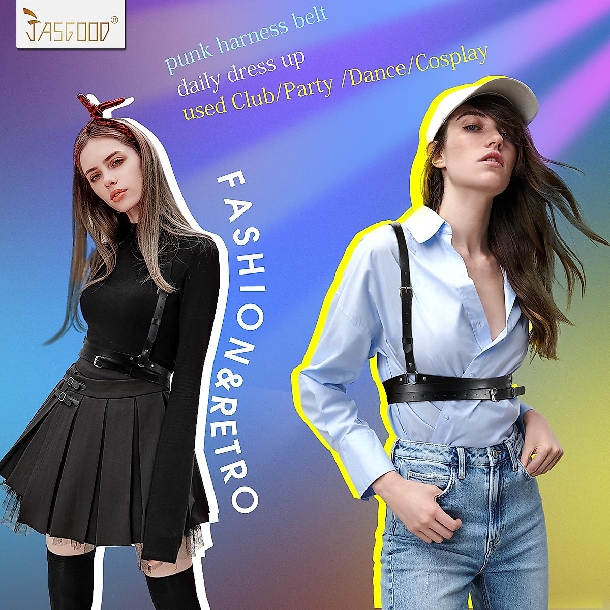 JASGOOD Punk Black Waist Belt Women PU Leather Skinny Chest Adjustable Belts with Gothic Circle for Club (Black,Fit Waist Size 28''-36'')