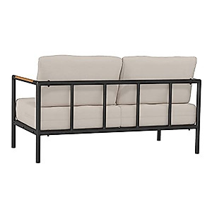Flash Furniture Modern Patio Loveseat With Cushions - Contemporary Black Frame and Teak Accented Arms - Beige Cushions - Zippered Removable Covers