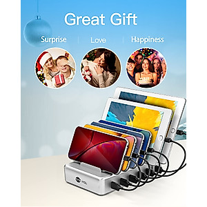 Charging Station for Multiple Devices - 6 Port Fast Charging Station for iPhone iPad Android and Tablet - Multi Charging Station - Phone Charging Station with 6 Mixed Cables Included(UL Certified)