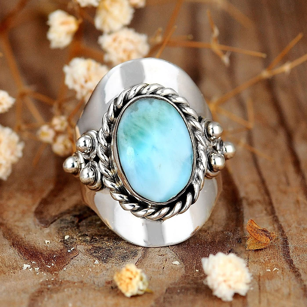 Boho-Magic Sterling Silver Larimar Ring for Women Oval Gemstone Boho jewelry (11)