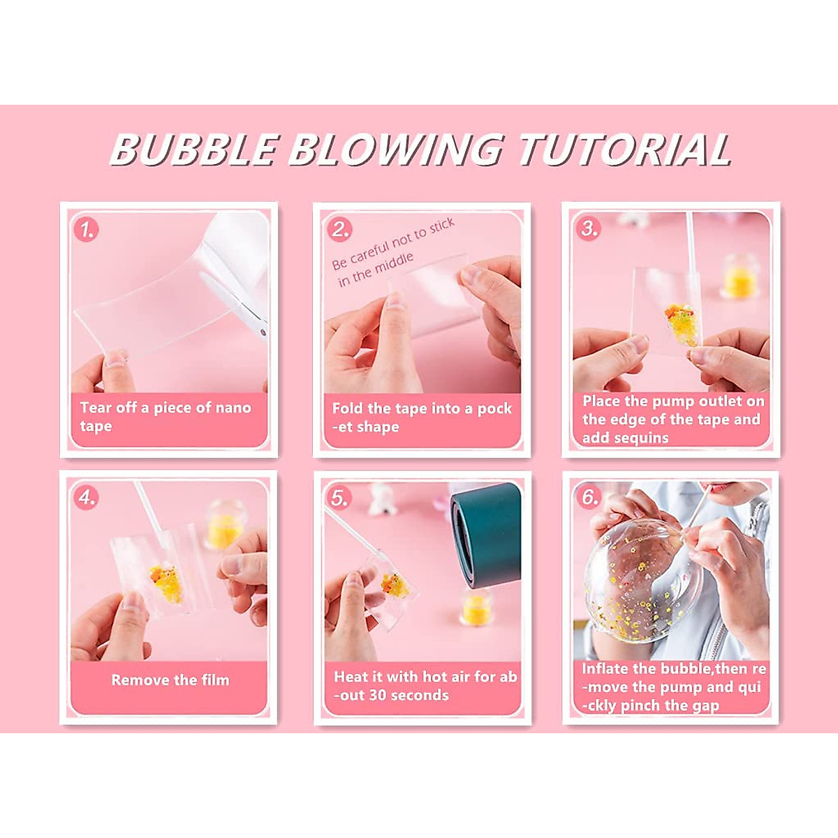 40 Pcs Nano Bubble Tape Kit with Balloon Inflator, Double Sided Tape Plastic Bubbles Balloon, Elastic Nano Bubble Tape DIY Craft Kit for Girls, Boys, Kids Party Favors and Novelty Toys