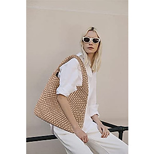 LMKIDS Women Vegan Leather Hand-Woven Tote Handbag Fashion Shoulder Top-handle Bag All-Match Underarm Bag with Purse (Khaki)