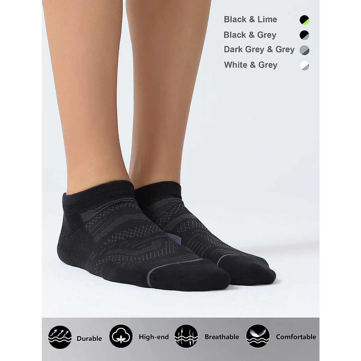 CelerSport 6 Pack Men's Running Ankle Socks with Cushion, Low Cut Athletic Tab Socks, Black + Grey, Medium