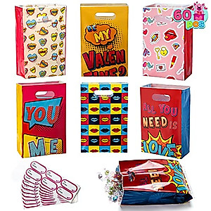 JOYIN 60 Pcs Valentine’s Day Plastic Gift Bag Treat Bags, Plastic Candy Bags for Kids Valentine Party Favor, Goodie Bags for Classroom Gift Exchange Prizes and Gift Giving Party Supplies
