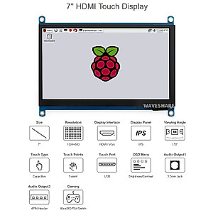 7inch HDMI LCD (H) 1024x600 IPS Capacitive Touch Screen LCD Display Monitor Mini PC for Raspberry Pi 5 4 3 Model B B+ BB Black Banana Pi Game Console Support Xbox360/PS4/Switch @XYGStudy