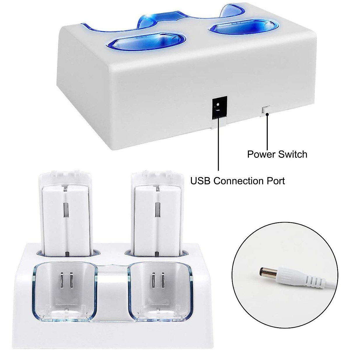 Upgraded Wii Remote Charger Station, Covanm 4 Port Wii Charging Station with 4 Rechargeable Battery for Wii (4 Port Charging Station+4 Replacement Batteries+USB Cable+Free USB Wall Charger)