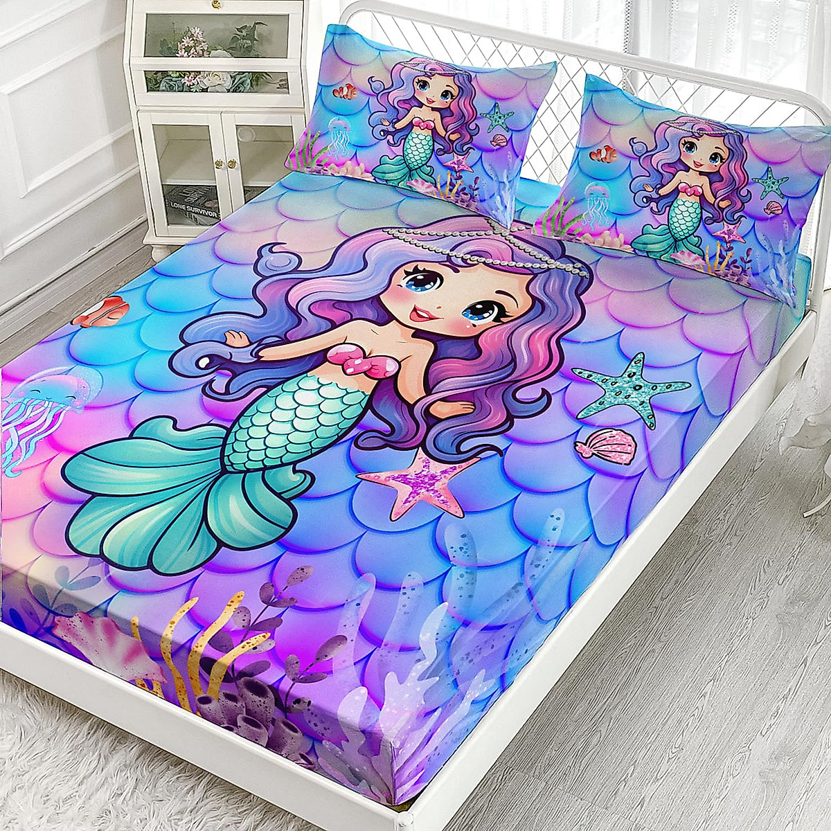 AILONEN Mermaid Fitted Sheet for Kids Girls Twin Size, Mermaid Princess Bedding Set,Ocean Theme Bed Sheet Set,Purple Blue Watercolor Fish Scale BedSheets Set,1 Fitted Sheet 2 Pillowcases,3 PCS