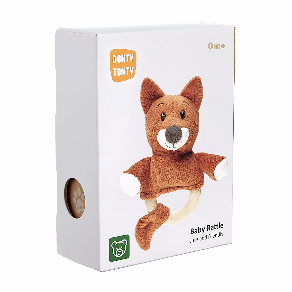 Donty-Tonty Premium Wood Baby Teether Rattle Toy Easter Baby Gift - Animals Soft Plush Shaker Toy with Natural Wooden Teething Ring Toddler, Newborn Boy, Girl, Gifts for 0 3 6 9 12 Months - Red Fox