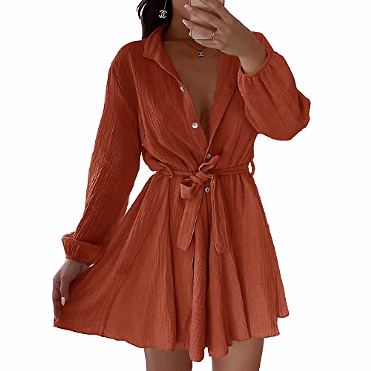 Foshow Womens Button Down V Neck Dresses Tunic Tie Waist Swing Mini Dress Casual Solid Long Sleeve Shirt Tops with Belt Brick Red
