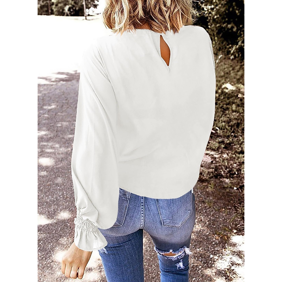 Dokotoo Womens Ladies Autumn Tops Bell Long Sleeve Tunic Top Round Neck Chiffon Ruffle Tops and Blouses for Women Fashion Casual Loose Shirts White X-Large