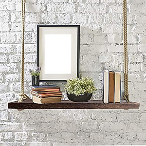 Yankario Rope Hanging Floating Shelves, Rustic Wood Wall Decor Swing Shelf with 4 Hooks, Pack of 2