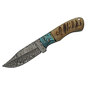 Szco Supplies 8.25" Ram Horn Handle Damascus Steel Turquoise Hunting Knife with Leather Sheath