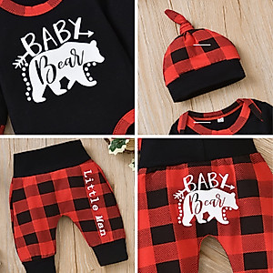 Preemie Newborn Baby Boy Christmas Clothes Buffalo Plaid Outfit Long Sleeve Baby Bear Romper Bodysuit + Long Red Tartan Pants + Xmas Red Plaid Hat 3Pcs Clothing Sets