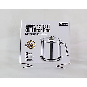 Chihee Grease Container Stainless Steel Bacon Grease Saver with Fine Mesh Strainer 2L / 67.6 fl oz Oil Container Grease Can with Dust-proof Lid Non-slip Tray for Kitchen Storing Frying Cooking Grease