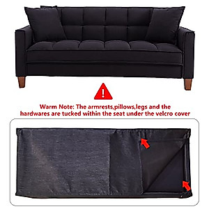 mikibama Linen Sofas Couchs for Living Room Grid Tufted Loveseat Sofa Padded 2 Seater Bedroom Couch Soft Comfy Sofa Bed for Small Space Apartment with Solid Wood Legs (Black)