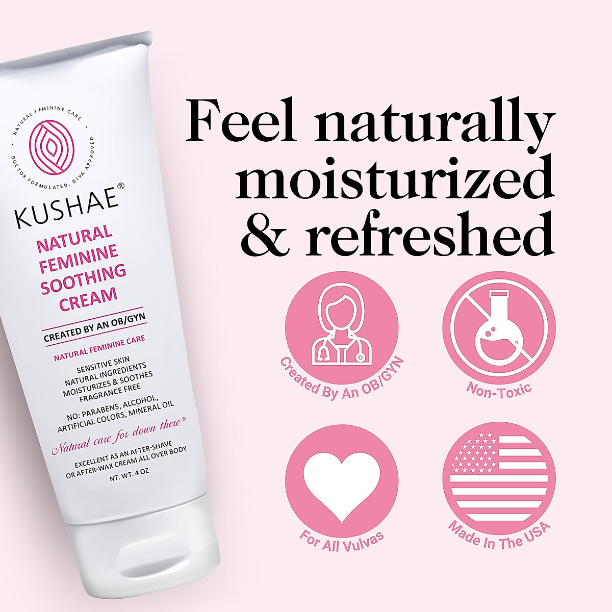 Kushae Feminine Soothing After Shave Cream - OB/GYN Made, Natural, Fragrance Free, Aloe-Based, pH Balanced Intimate Moisturizer for Women 4oz