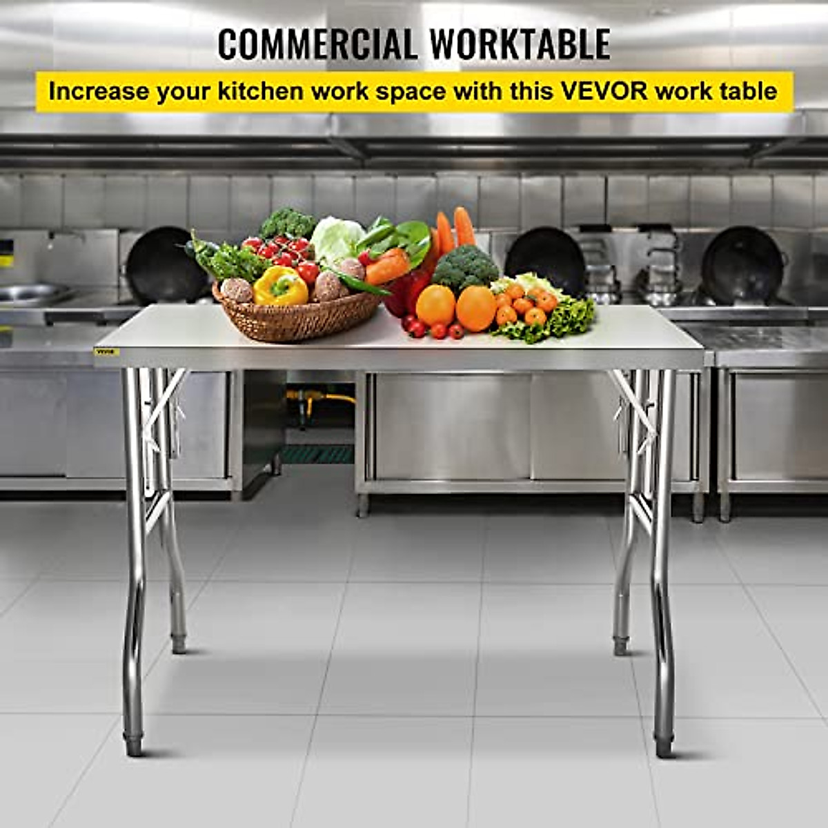 VEVOR 48 x 30 Inch Commercial Prep, Heavy-Duty Folding 661 lbs Load, Work Table, Silver Stainless Steel Kitchen Island