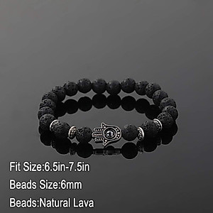 KIKILA 2Pcs Set Handmade Elastic 6mm Beads Hamsa Bracelet Natural Stone Evil Eye Hamsa Fatima Hand Charm Beaded Couples Bracelets Kabbalah Bracelet (Howlite +Lava)