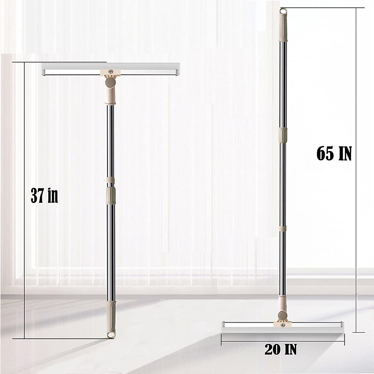 Floor Squeegee 20 inch Silicone Long Handle of 65" for Window Cleaning Shower Squeegee Scrubber Combi with Pole Extendable Telescopic Adjustable Stainless Glass Squeegee Bathroom Shower