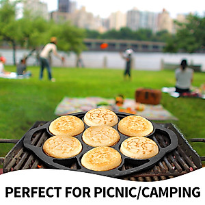 SUNSHNO Cast Iron Biscuit Pan Mini Cake Pan with Handles, Pre-Seasoned Baking Set 7 Cake Baking Tray Maker Pan for Biscuits, Bake Muffins, Cornbread and Scones, Include special steel fork and brush